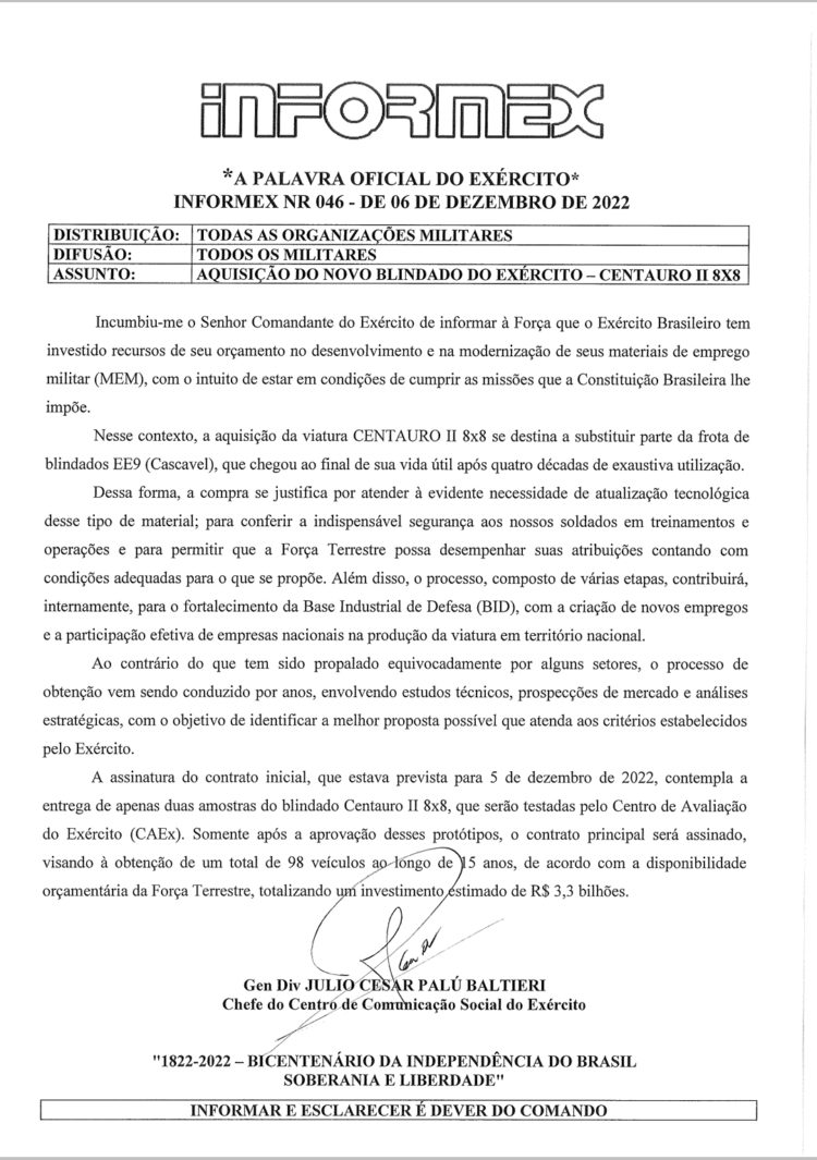 Nota Oficial do Exército Brasileiro sobre a aquisição do Centauro II ...